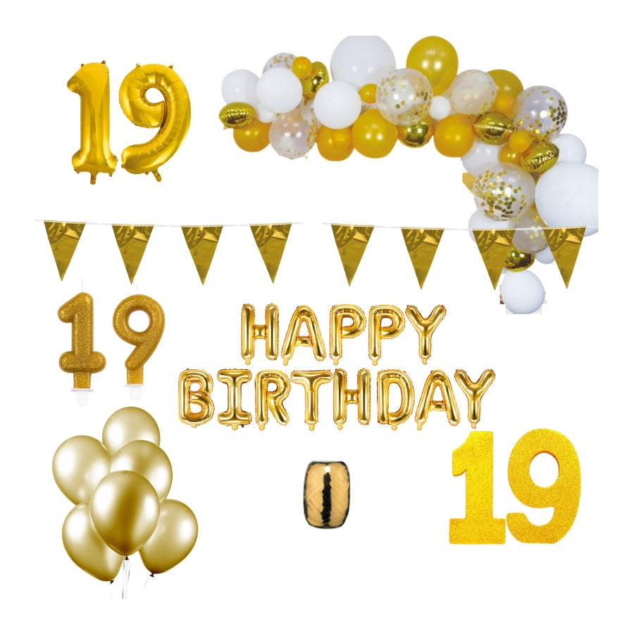 19 jaar Verjaardag Versiering Pakket Goud XL